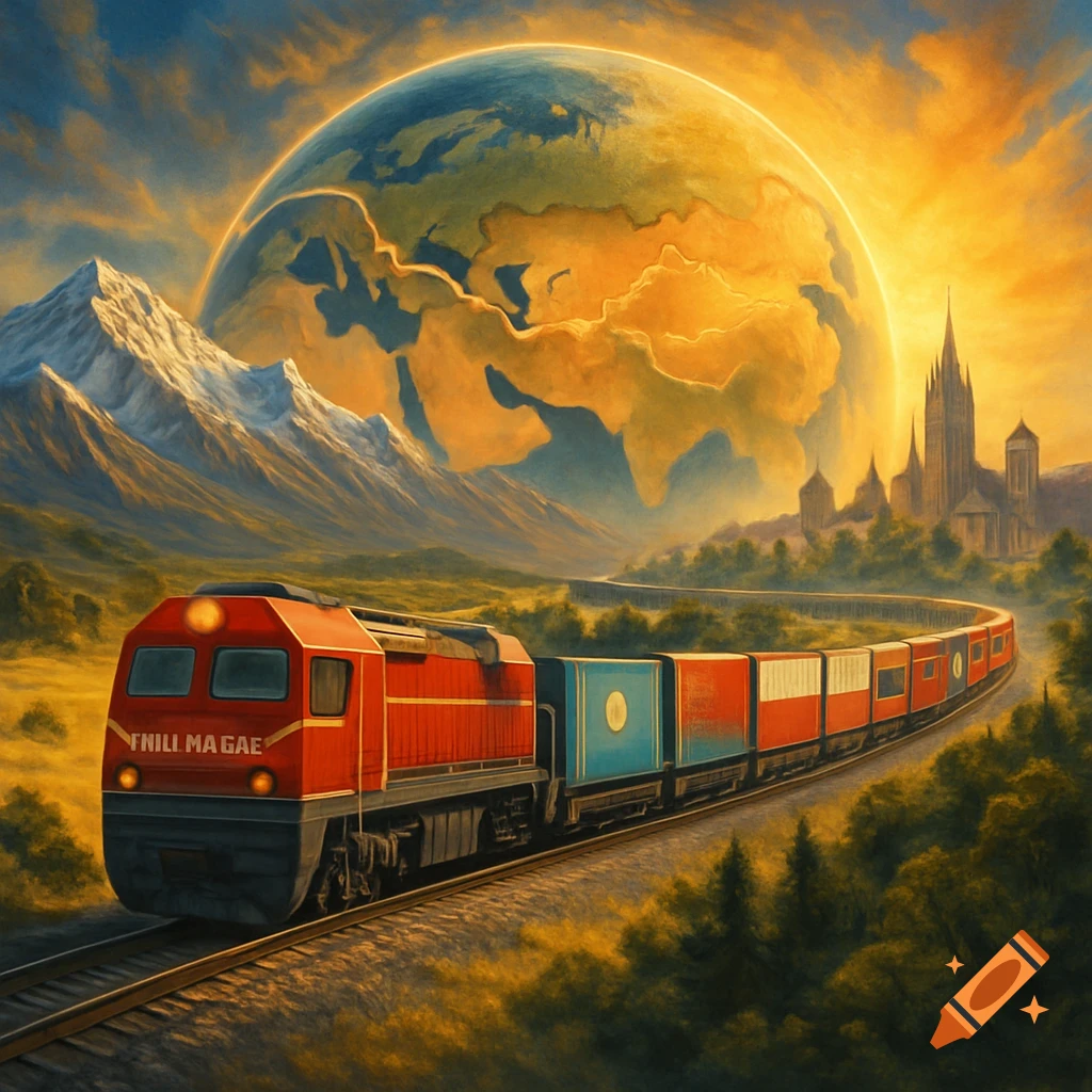 A stylized painting of a red cargo train winding through a landscape ...