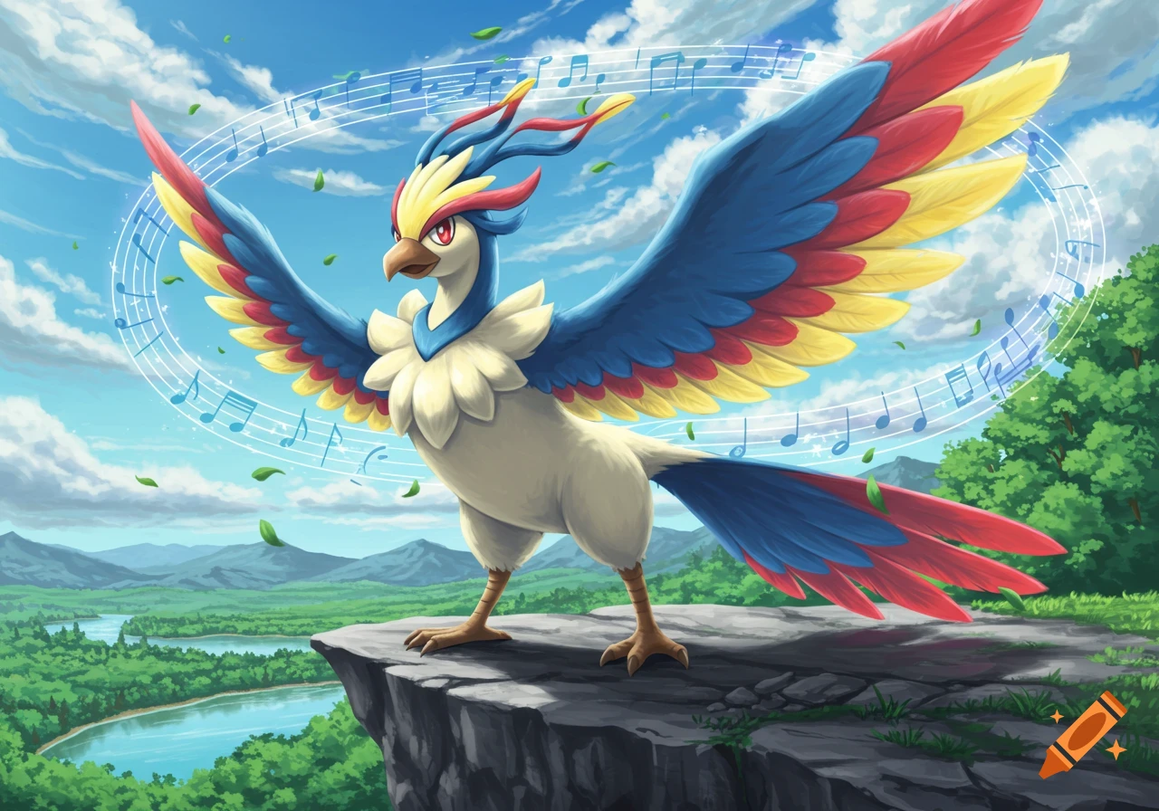 A colorful bird-like creature with red, yellow, and blue wings stands ...