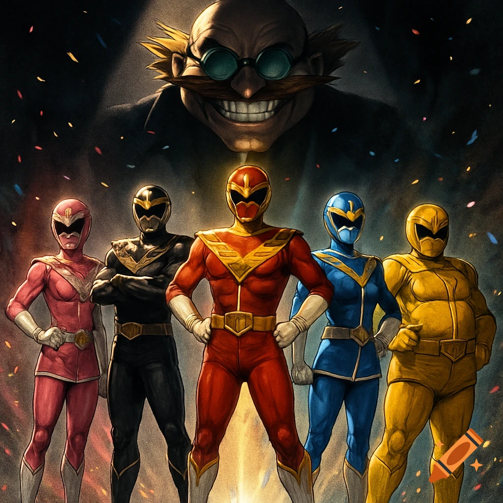 Dr. Eggman looms menacingly over five Birdman Sentai Jetman heroes ...
