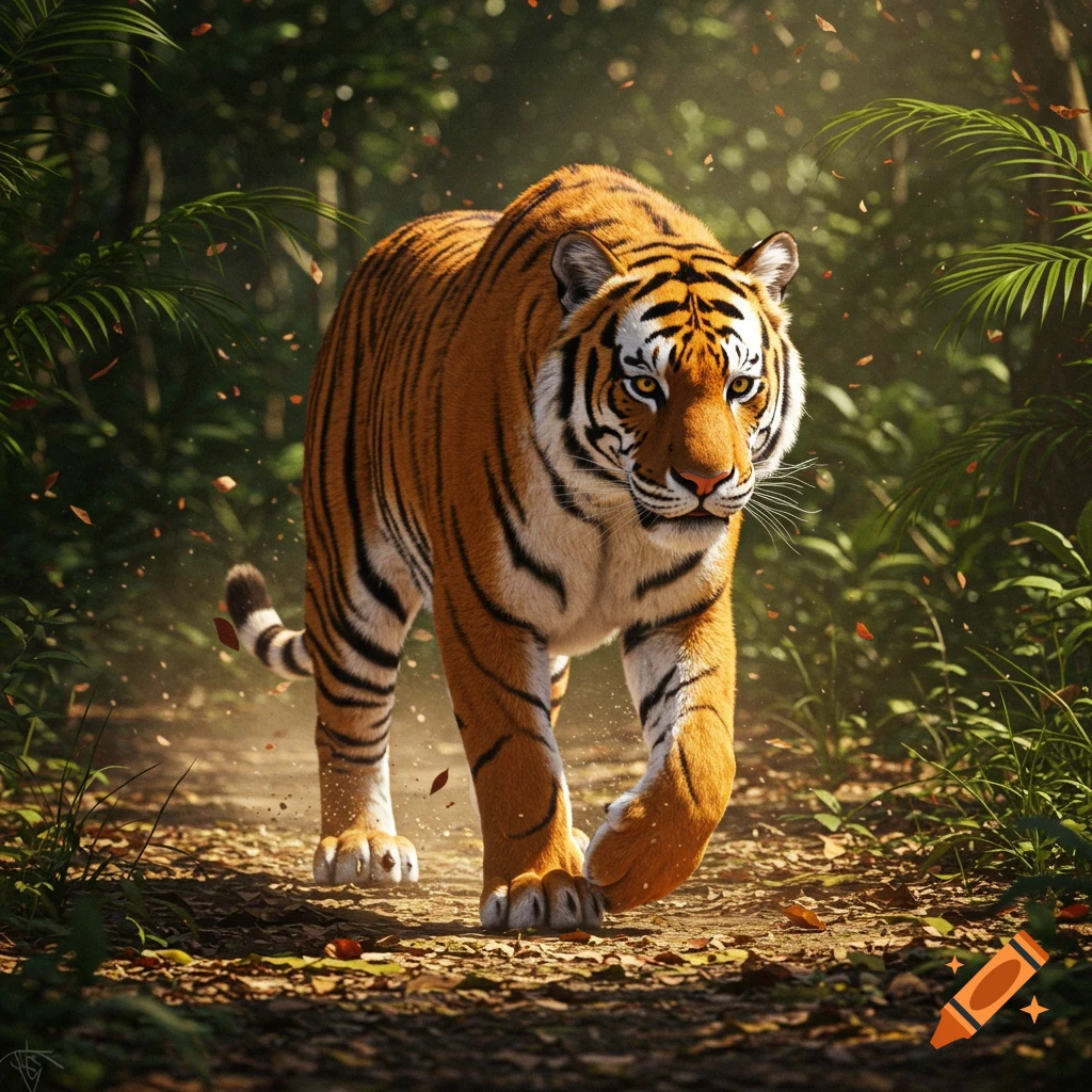 A photorealistic tiger with orange and black stripes walks along a sun ...