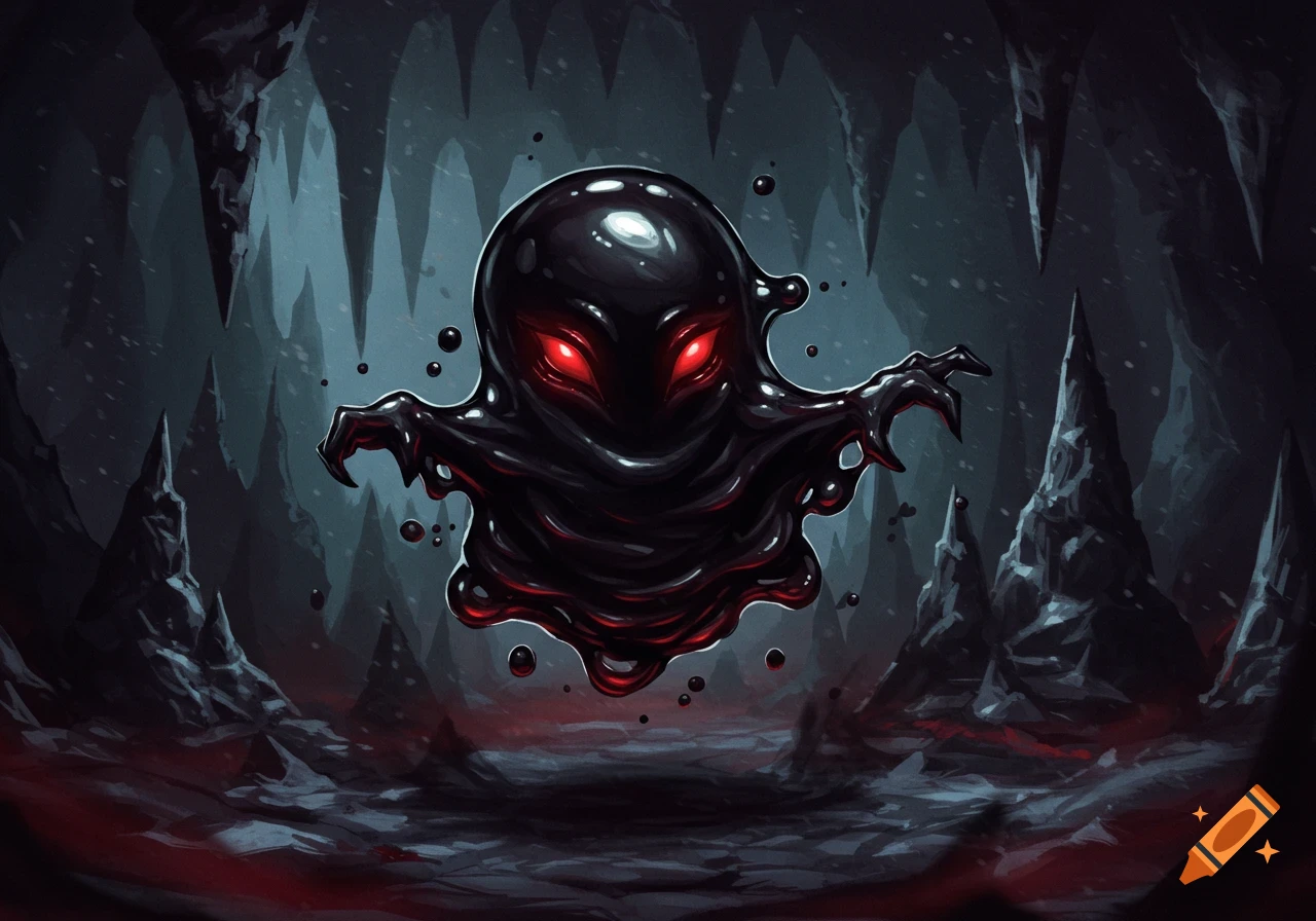 A shiny black evil blob with glowing red eyes floats in a dark, ominous ...
