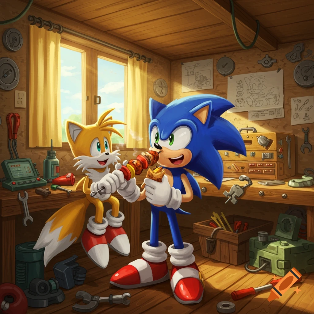 Sonic and Tails eating a kebab together in a detailed cartoon workshop ...