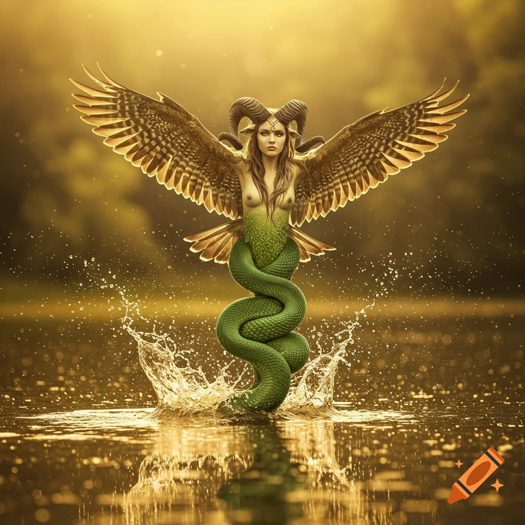 A mythical female creature with ram horns, falcon wings, and a green ...