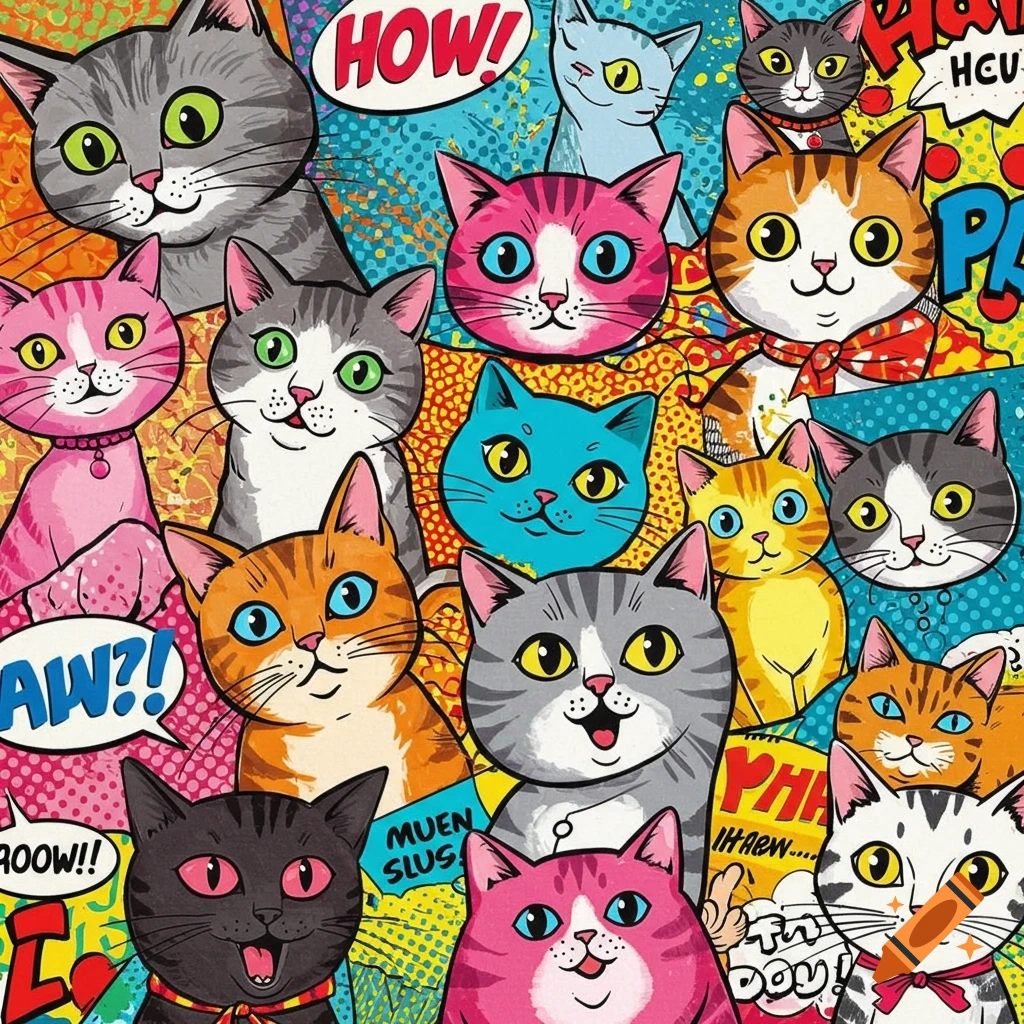 A vibrant pop art collage featuring numerous stylized cats with various ...