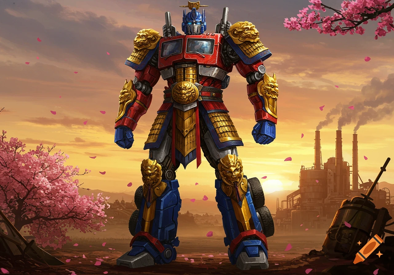 Optimus Prime robot in red, blue, and gold Chinese warrior armor with ...