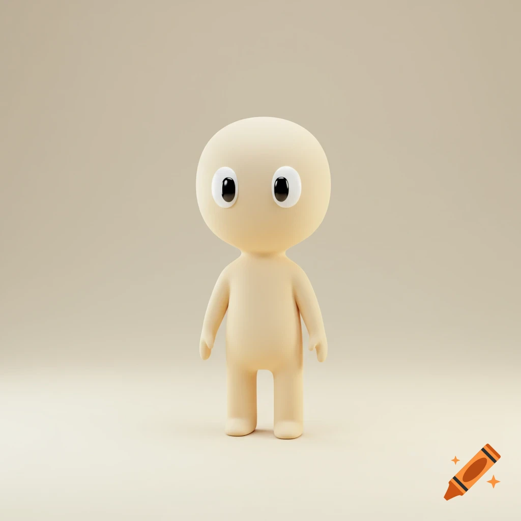 A cute, simple 3D cartoon character with a light beige body and large ...