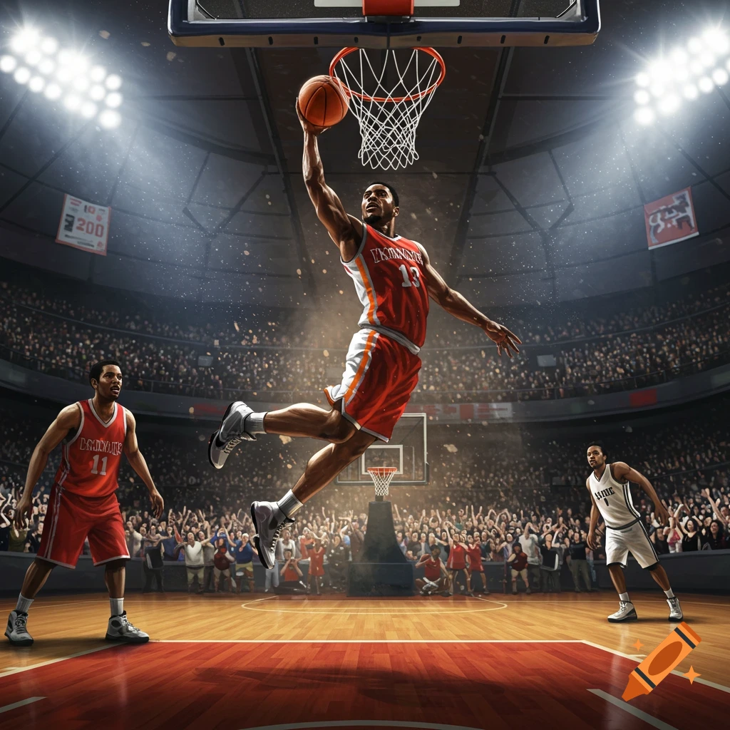 A male basketball player in a red jersey dunks a ball in a packed ...