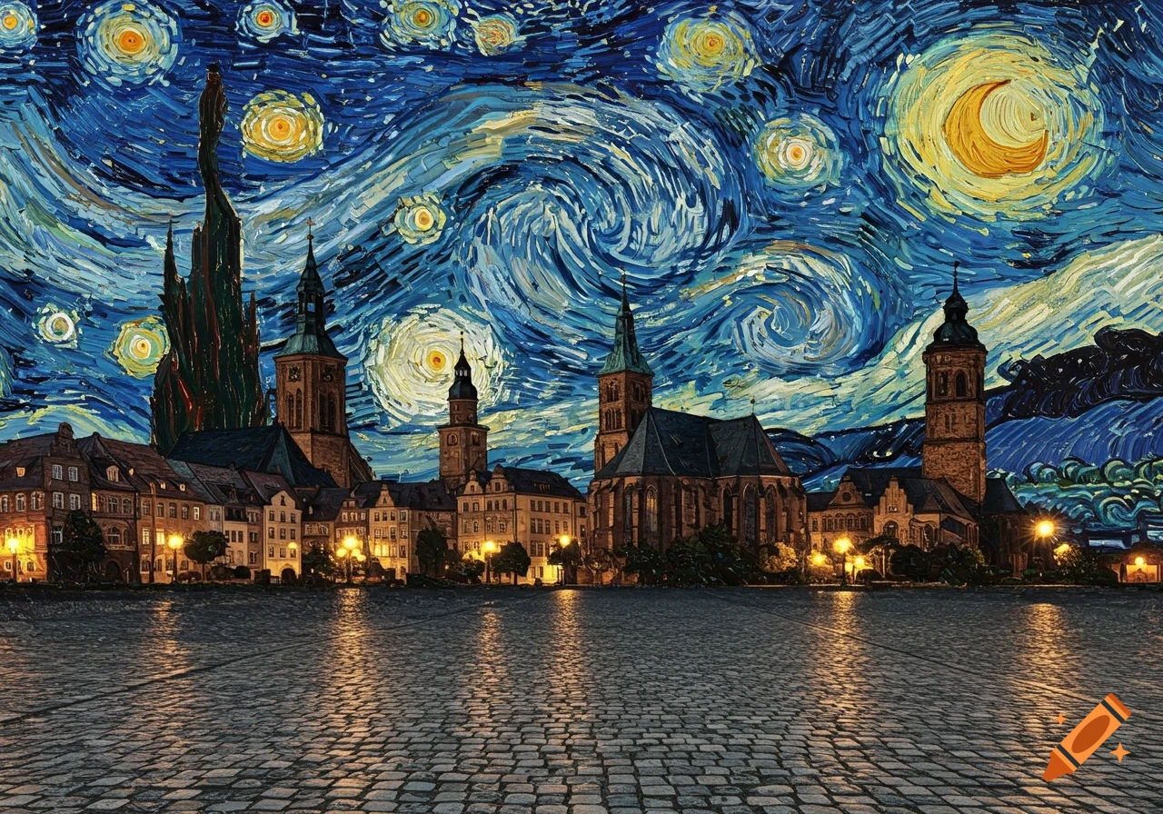 A vibrant painting of a European cityscape at night, with historic ...