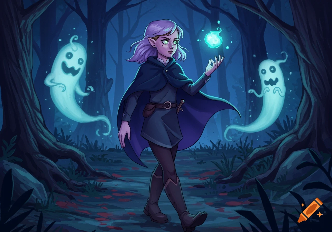 A purple-haired elf-like character in a dark cloak walks through a ...