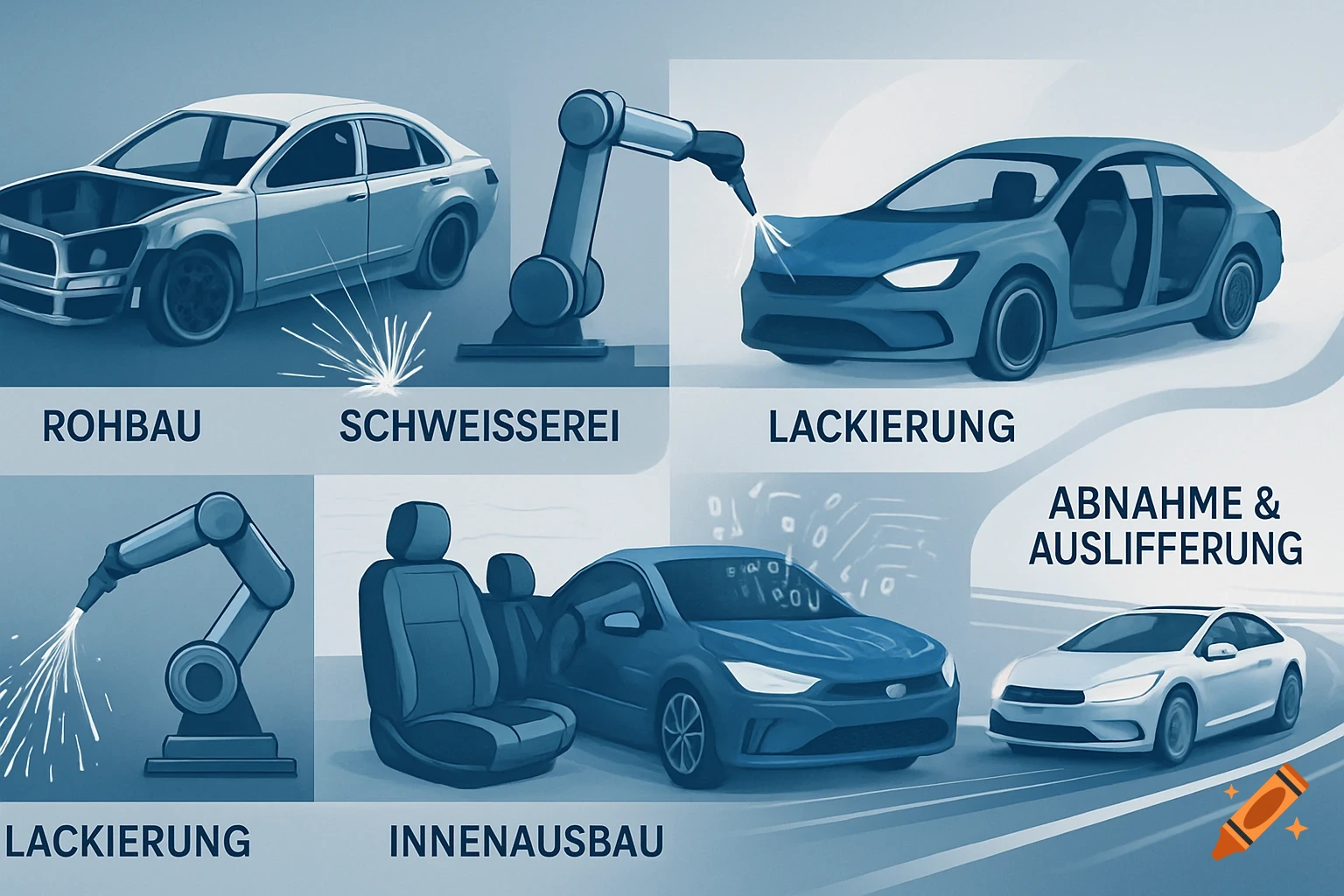 An infographic showing the stages of car manufacturing, including body ...