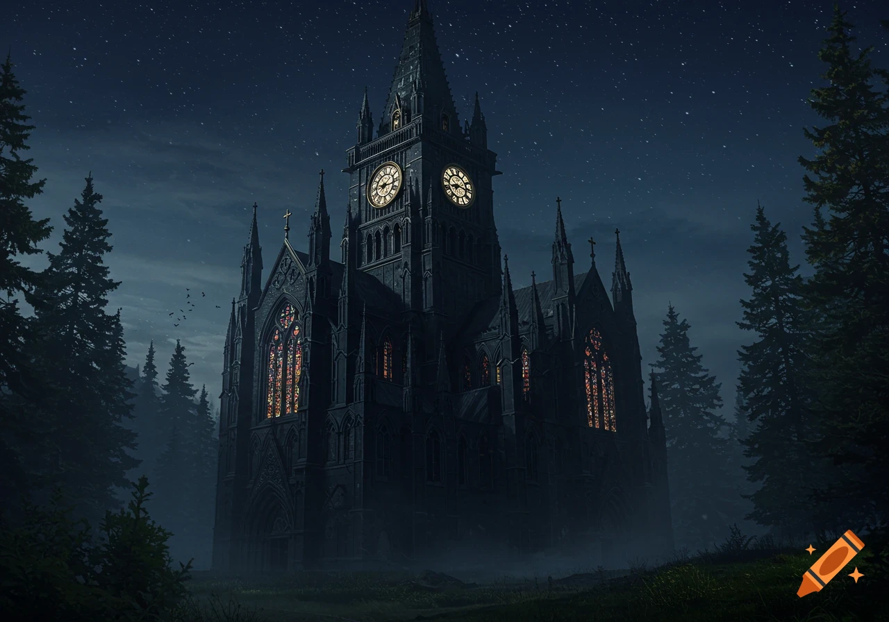 A dark gothic cathedral with glowing stained glass windows and ...