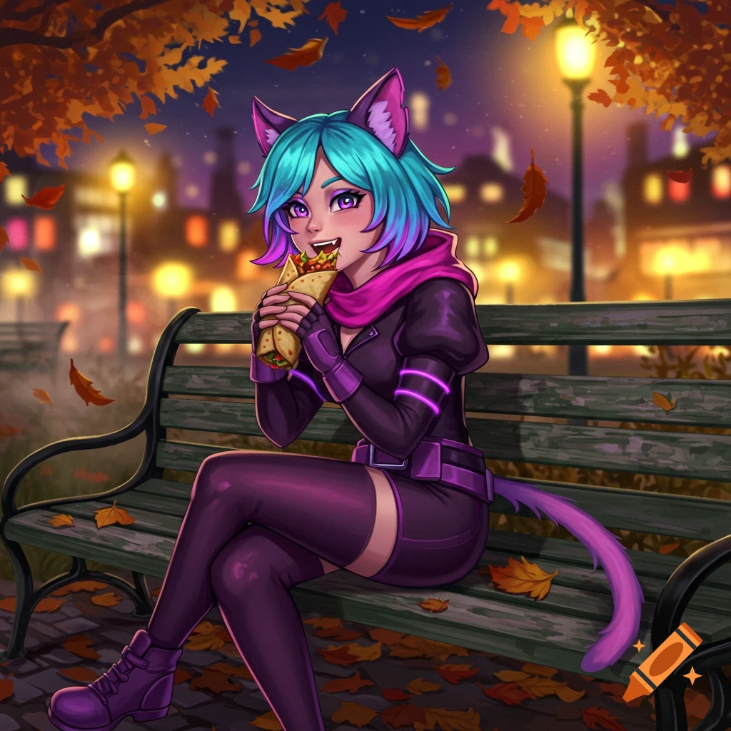 Anime cat-girl character Neon Katt eating a burrito on a park bench ...