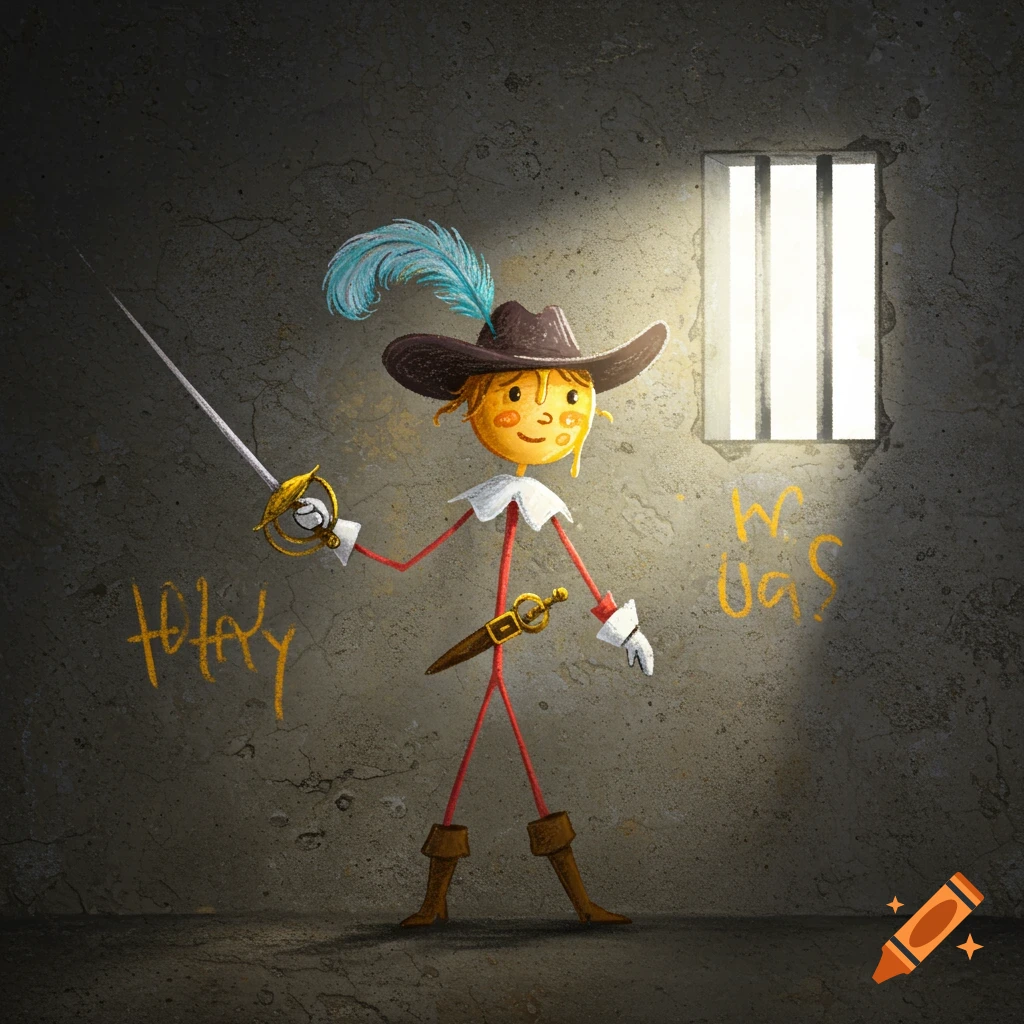 A stylized, child-like drawing of a stick-figure musketeer with honey ...