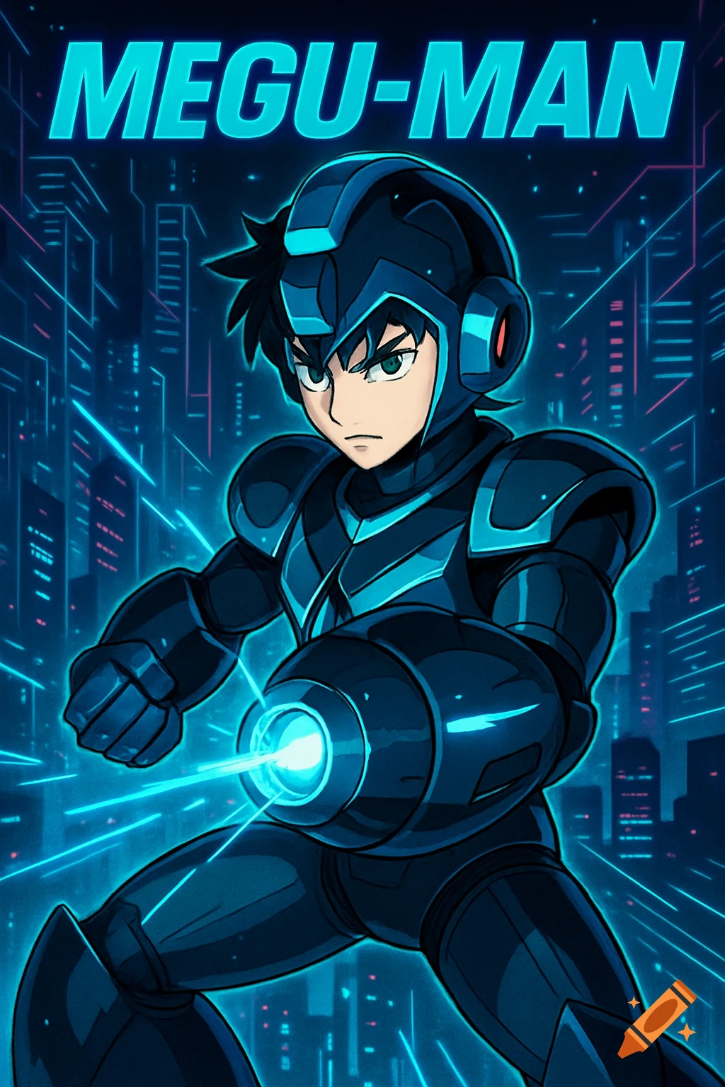 A dark-armored character resembling Mega Man, with a glowing arm ...