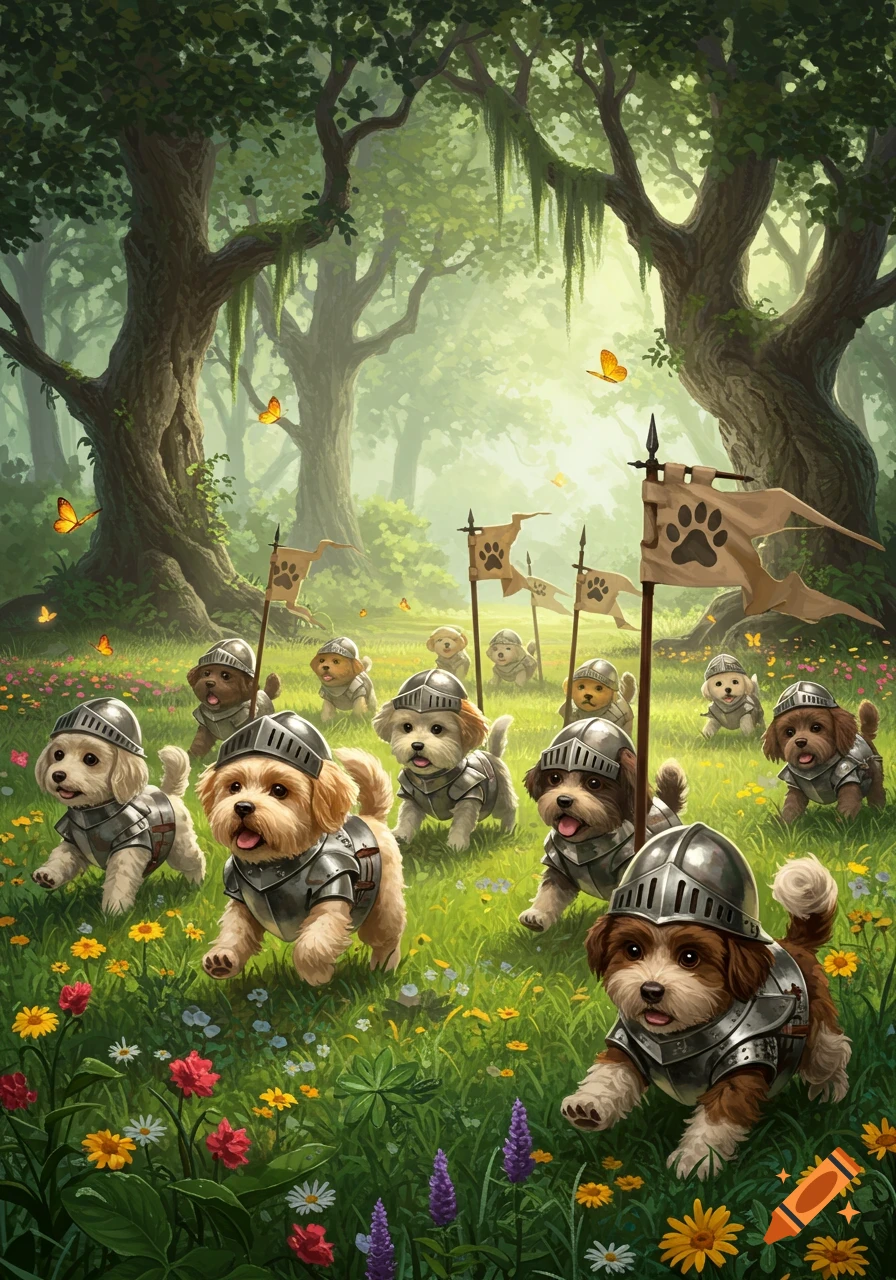 Cute small dogs wearing knight armor march through a vibrant, sunlit ...
