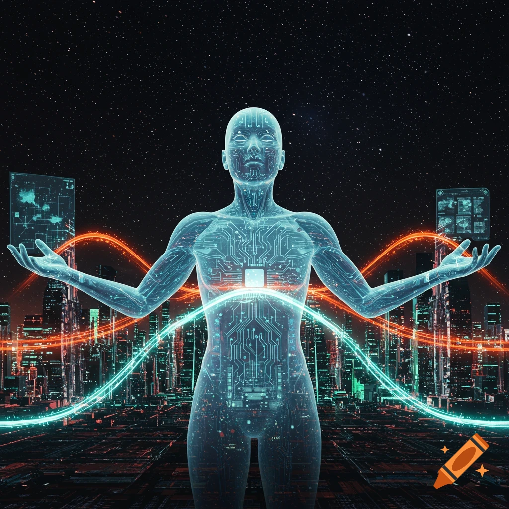 A translucent humanoid figure made of circuit boards stands against a ...