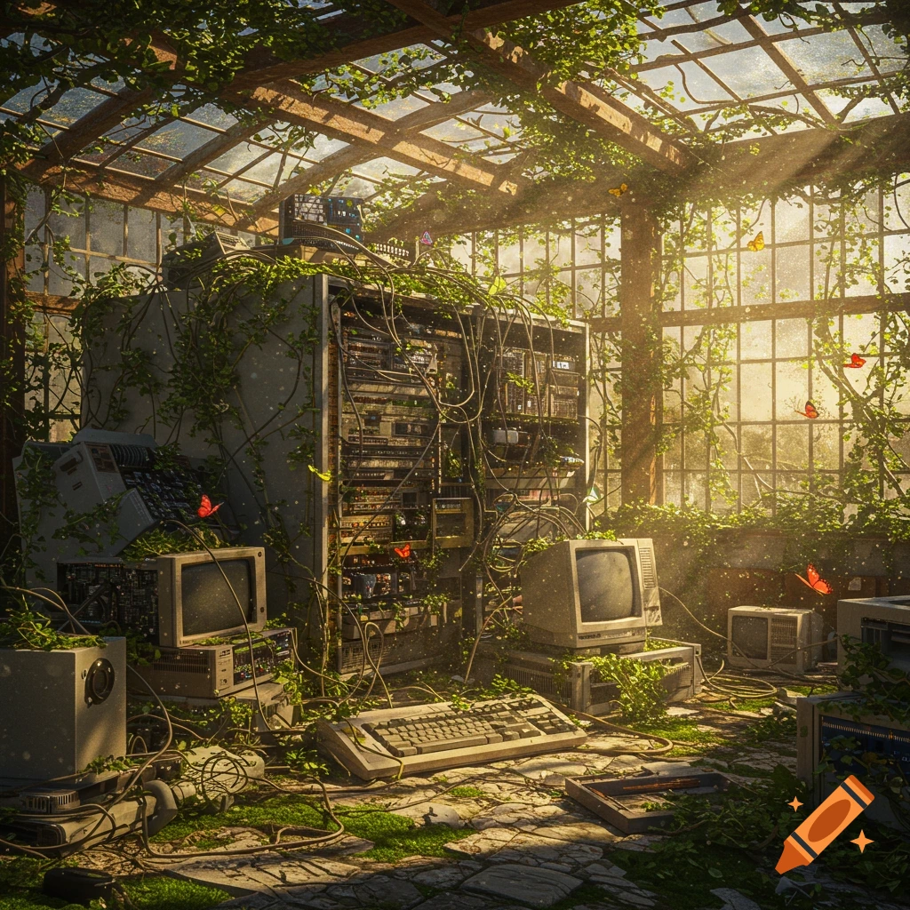 Decommissioned computer servers and old monitors overgrown with lush ...