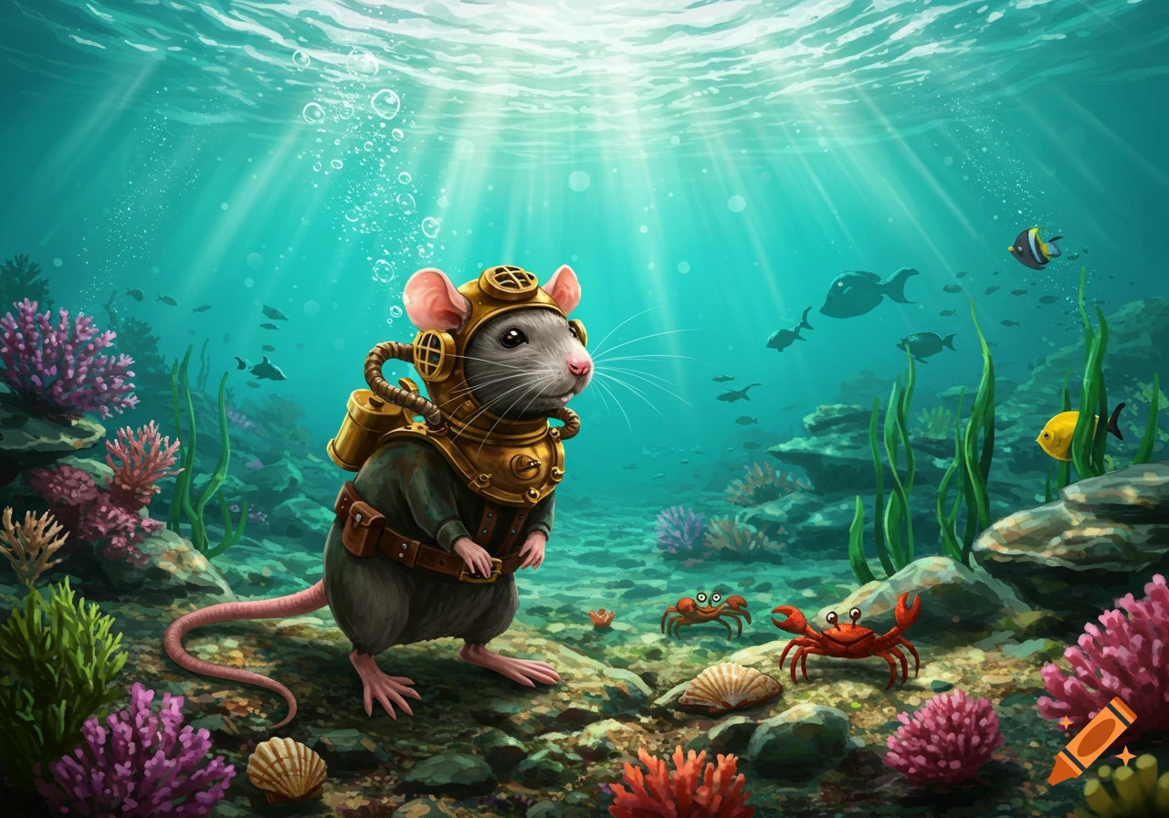 An illustrated grey rat in a vintage gold diving suit stands on a ...