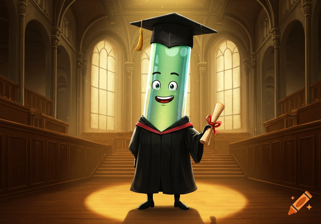 A cheerful green graduated cylinder cartoon character in a graduation ...