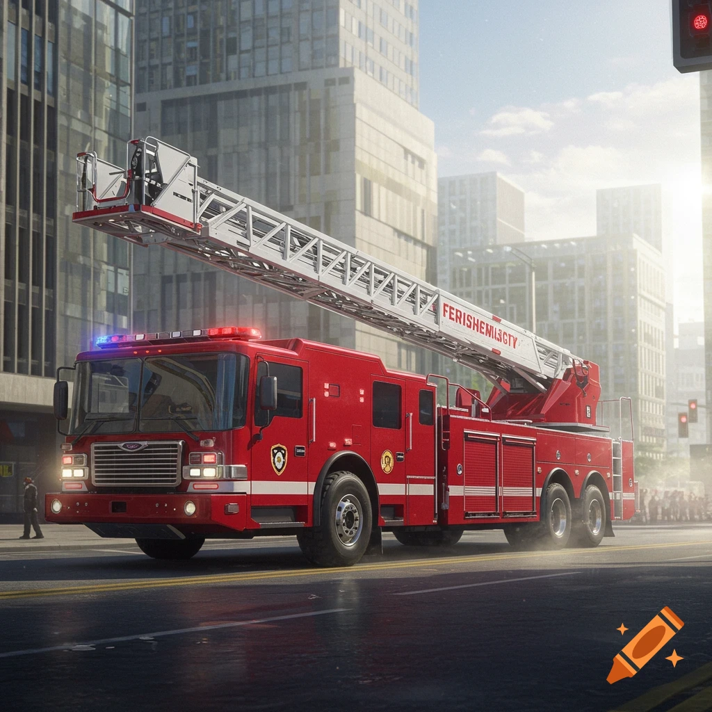 A large red modern fire engine truck with its white ladder extended ...
