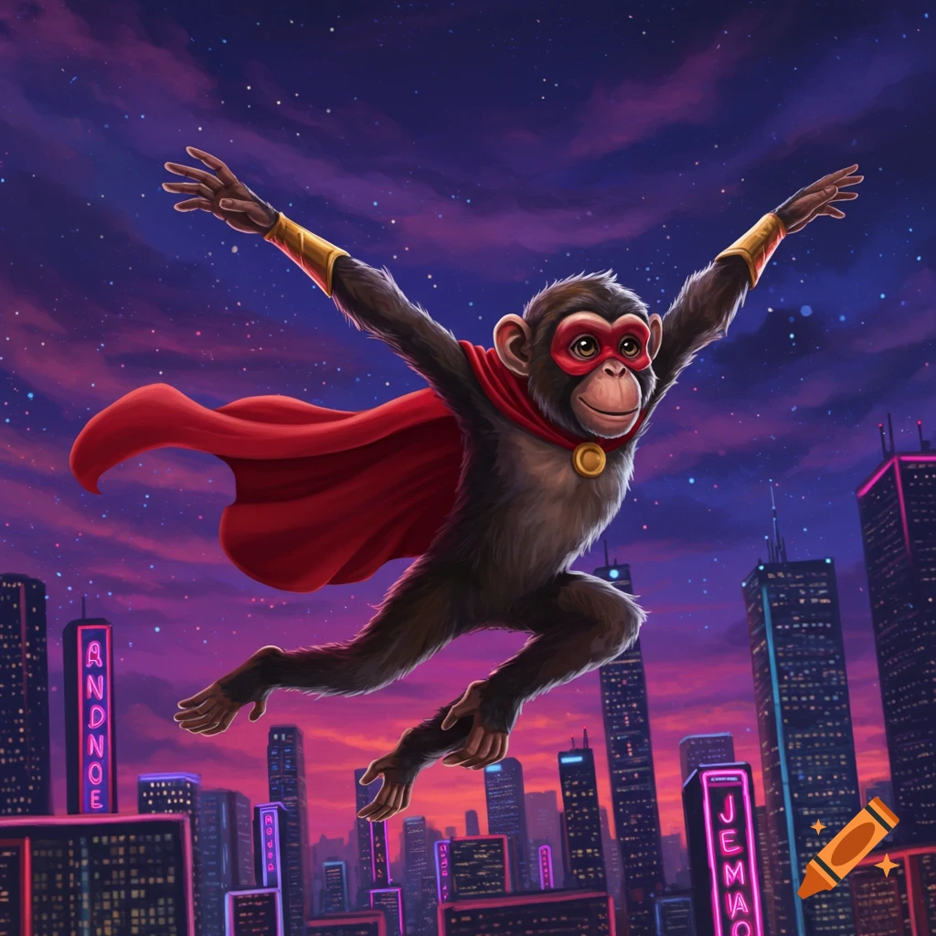 An illustrated superhero chimpanzee wearing a red cape and mask flies ...