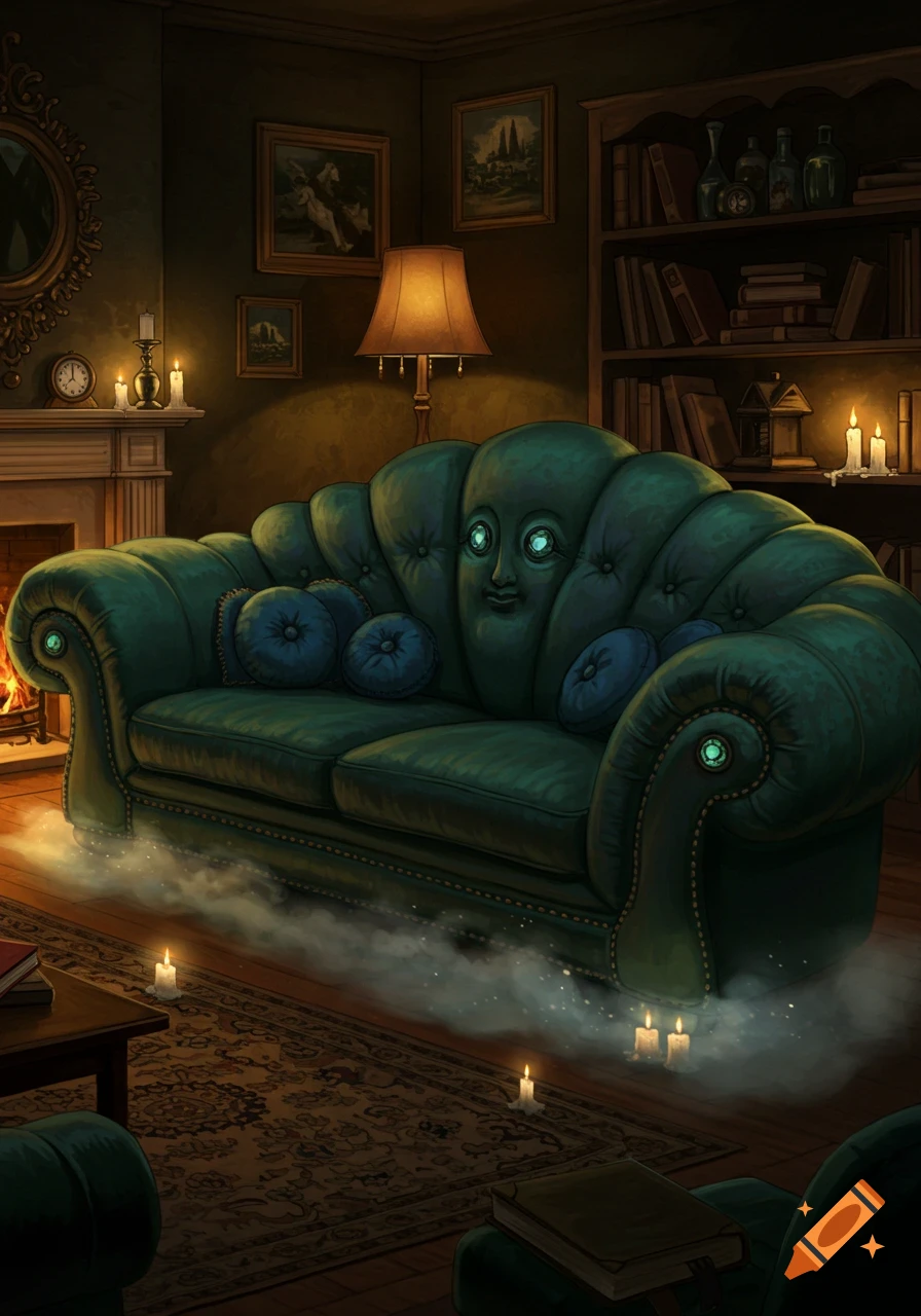 A spooky green tufted monster couch with glowing eyes floats in a dimly ...