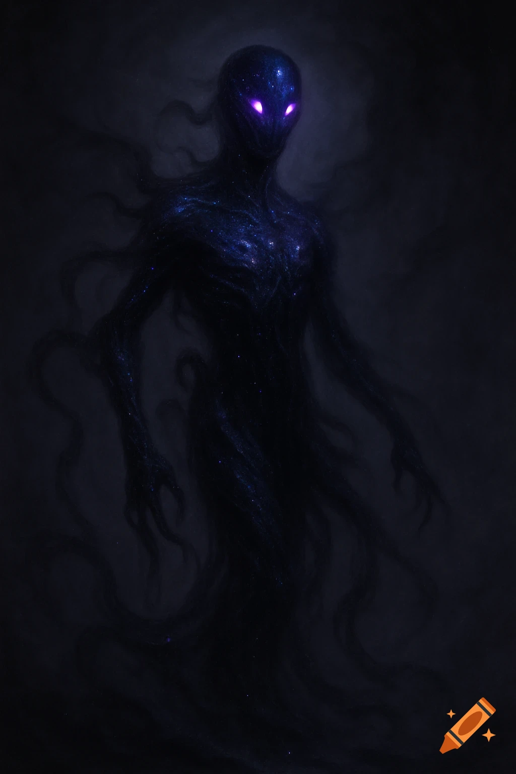 A dark, humanoid figure with a cosmic, starry body and glowing purple ...