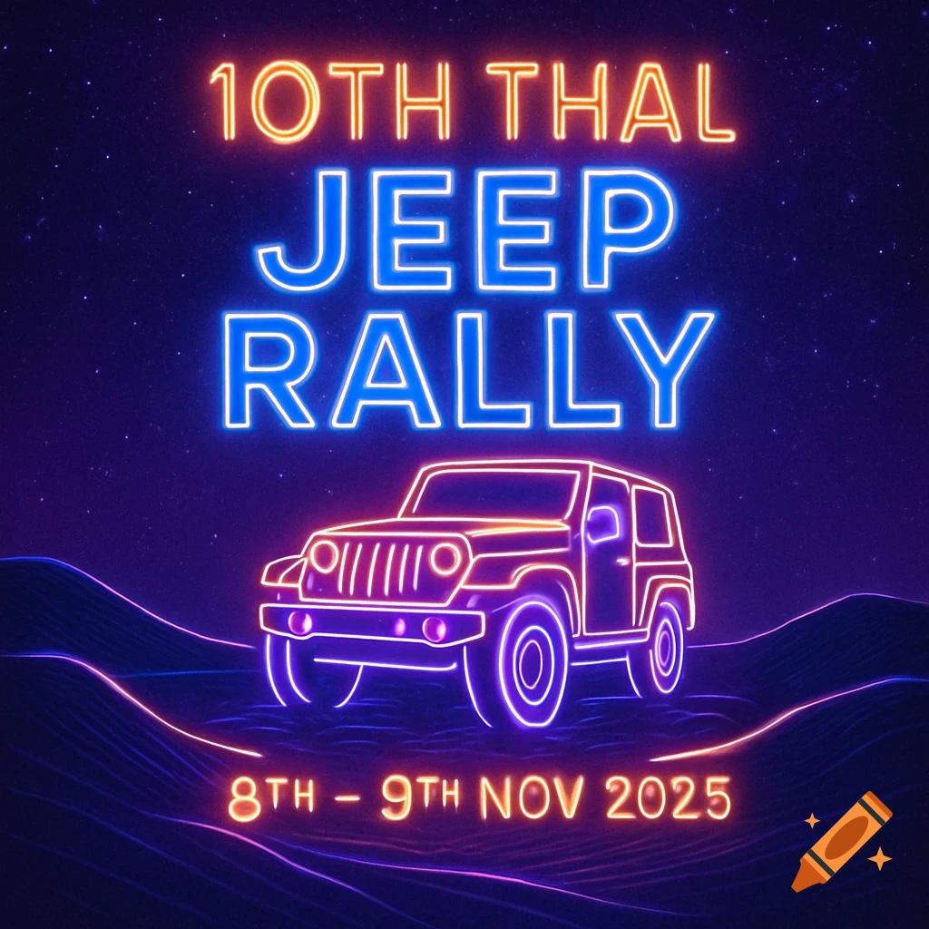 Neon sign for '10th Thal Jeep Rally' with a jeep silhouette and desert ...
