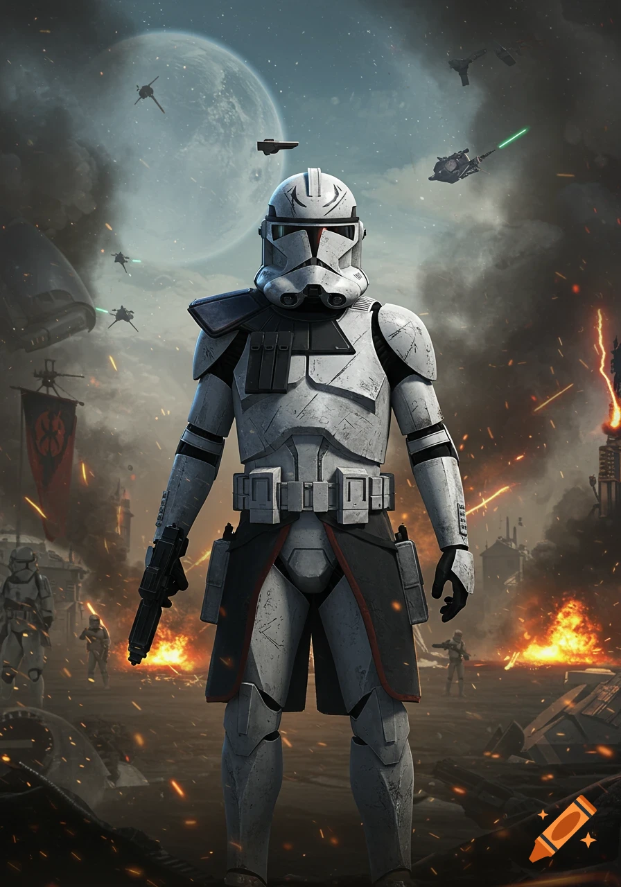 A detailed Star Wars clone trooper stands amidst a fiery, smoky ...