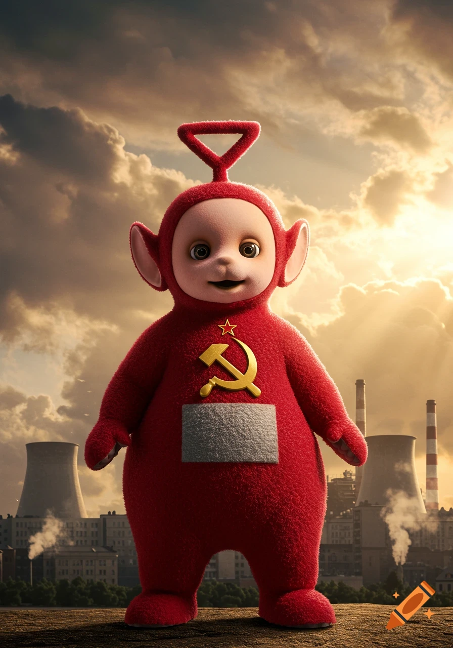 A red Teletubby with a golden hammer and sickle emblem stands in front ...
