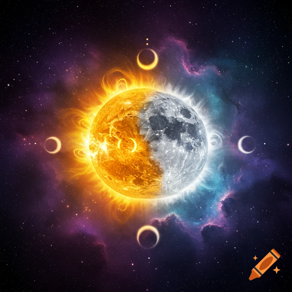 A vibrant half-sun, half-moon celestial body glows brightly amidst ...