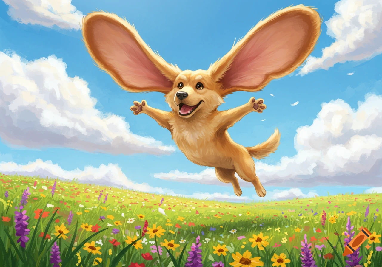 A cartoon dog with giant ears flies over a vibrant green meadow filled ...