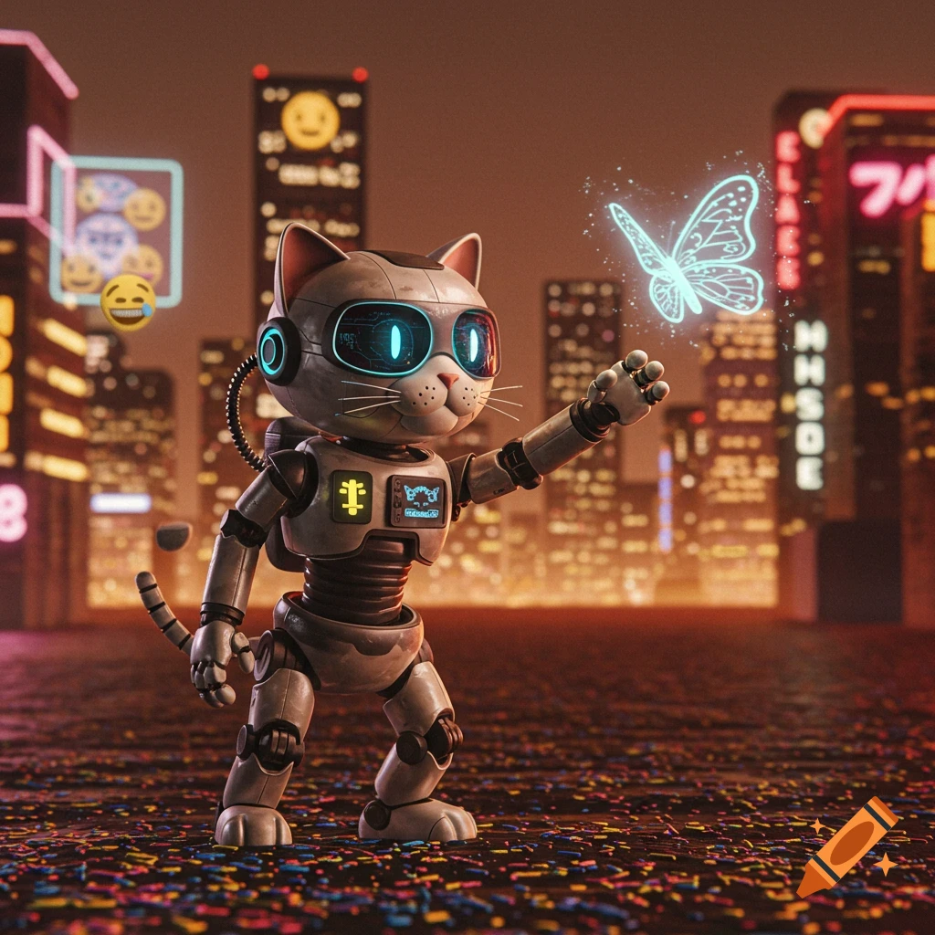 A cute robot cat with glowing blue eyes and goggles reaches out to a ...