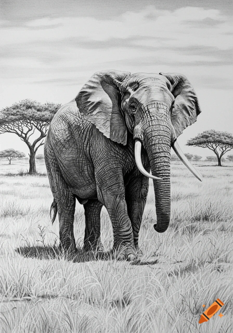 A detailed pencil drawing of an African elephant walking in a dry ...