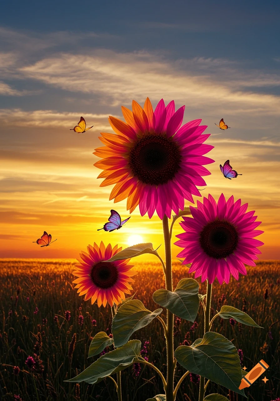 Three vibrant multi-color sunflowers stand in a field with butterflies ...