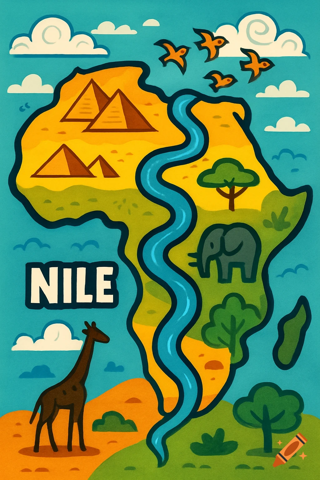 A colorful cartoon map of Africa featuring the Nile River, pyramids, an ...
