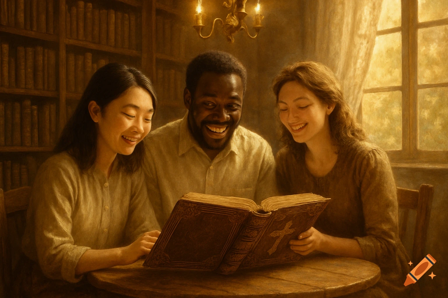 Three diverse people joyfully reading a large, ornate book together in ...