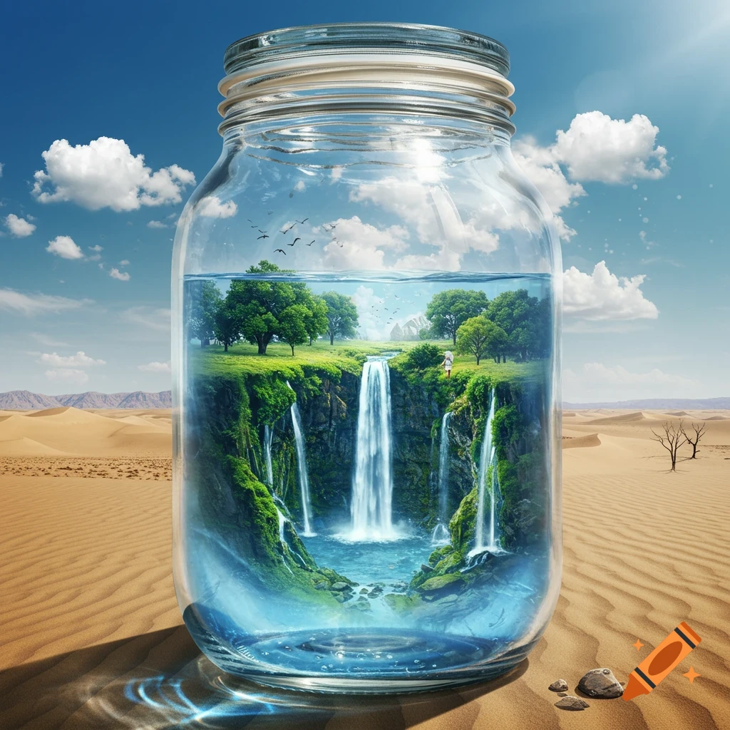Photorealistic image of a large glass jar in a desert, holding a lush ...