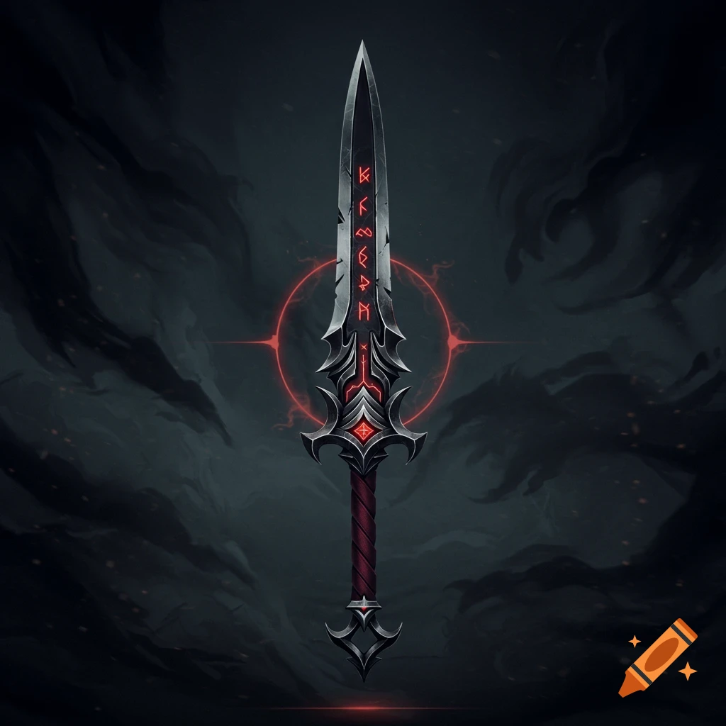 A stylized dark fantasy sword with a red glowing hilt and runes on the ...
