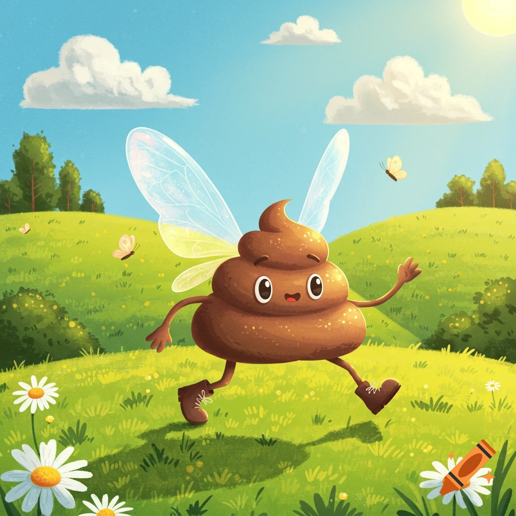 A cute cartoon poop character with translucent fairy wings and brown ...