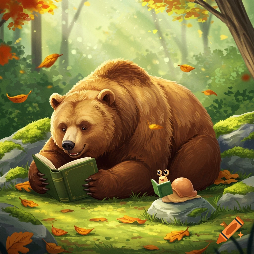 A friendly brown bear and a small slug read green books together in a ...