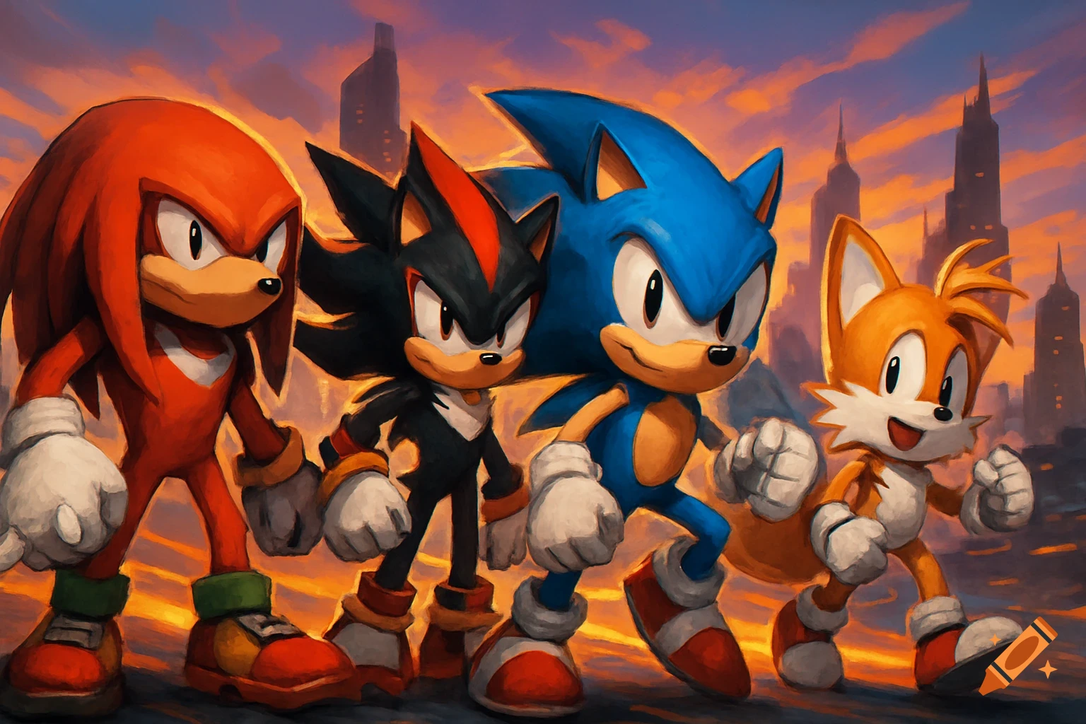Knuckles, Shadow, Sonic, and Tails pose against a sunset skyline in a ...