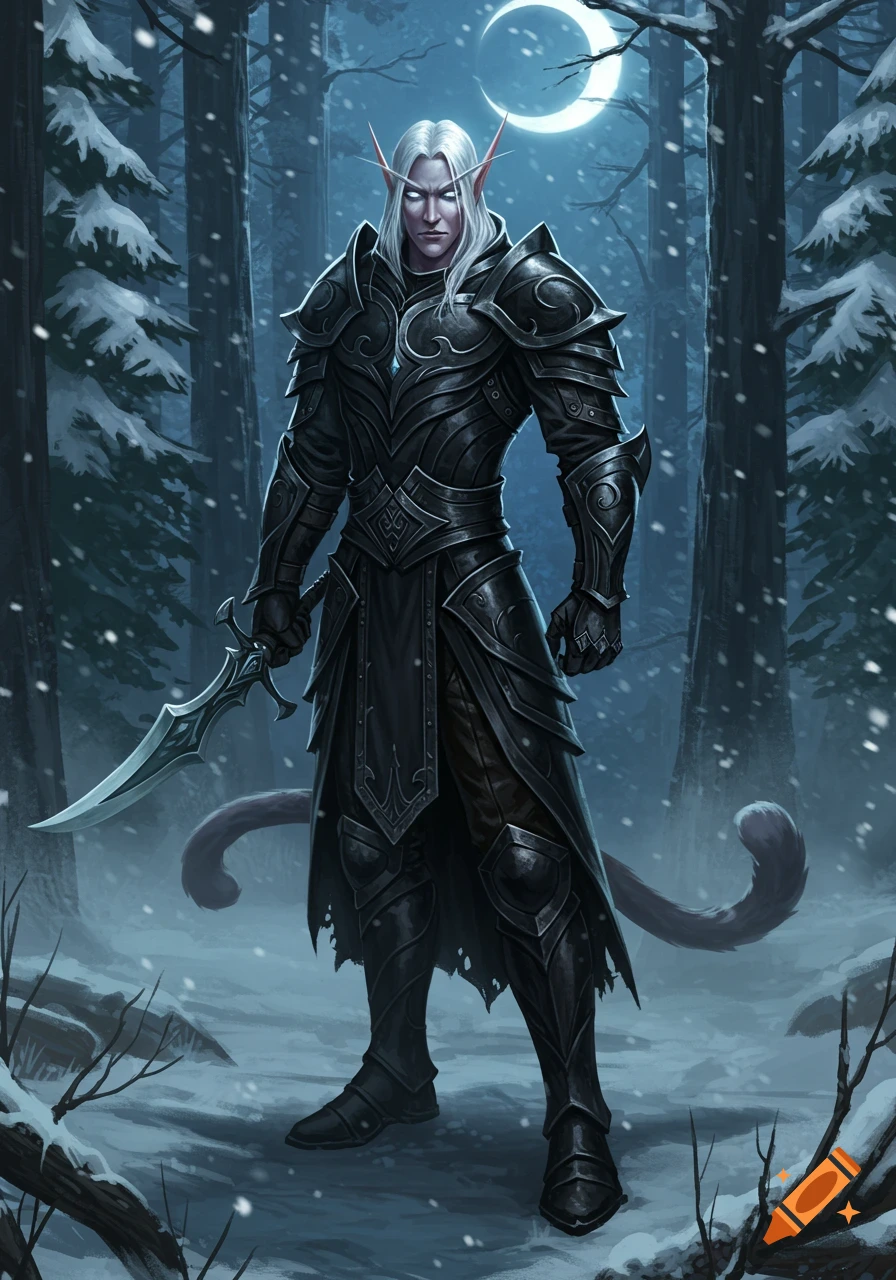 A male snow elf rogue in black leather armor with white hair and ...