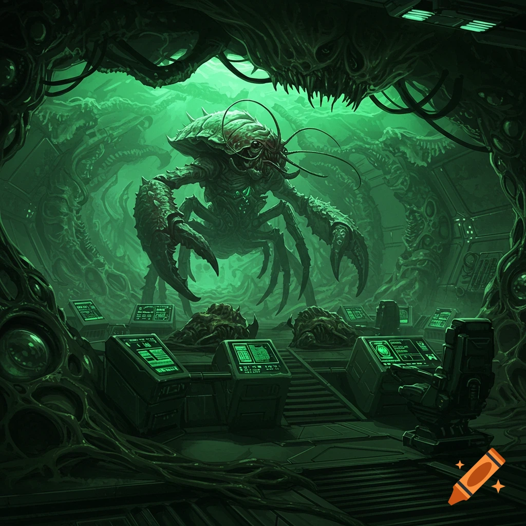 A huge, grotesque green crab-like alien monster stands on an organic ...