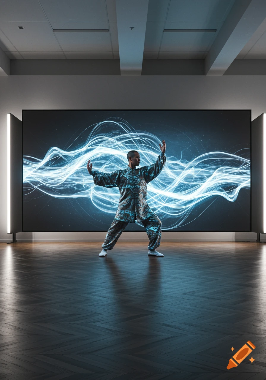 A man in patterned traditional attire performs Tai Chi in a modern room ...