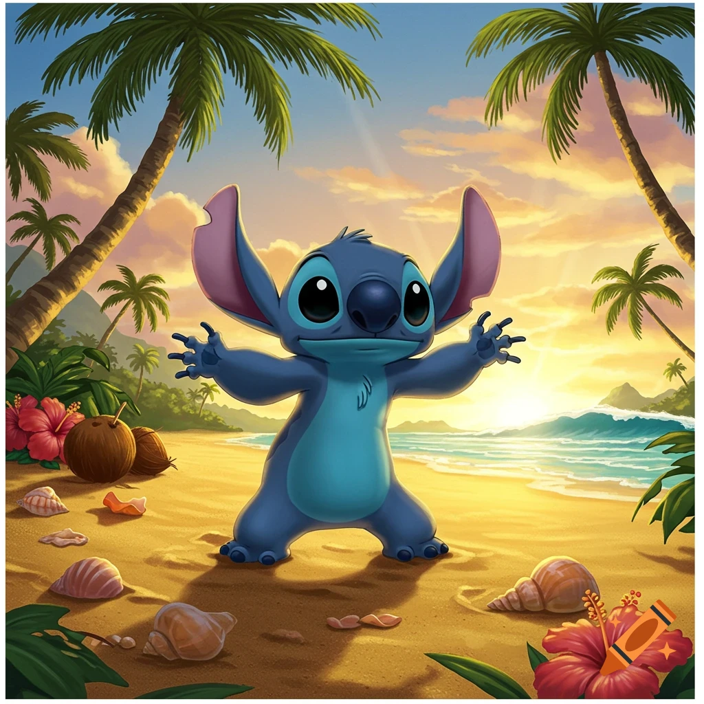 Stitch on a sandy beach with palm trees in the foreground and a sunset ...