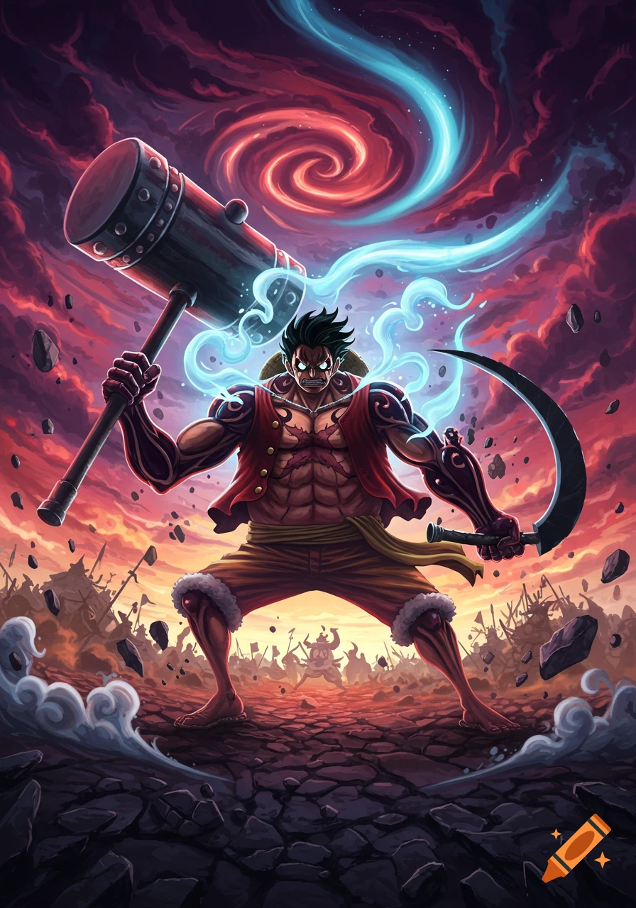 Anime character resembling Luffy in Gear 5, holding a giant hammer and ...