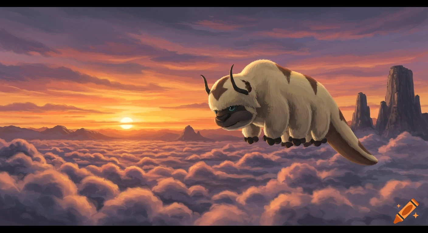 Appa, a furry sky bison, flies over a sea of clouds at sunset, with ...