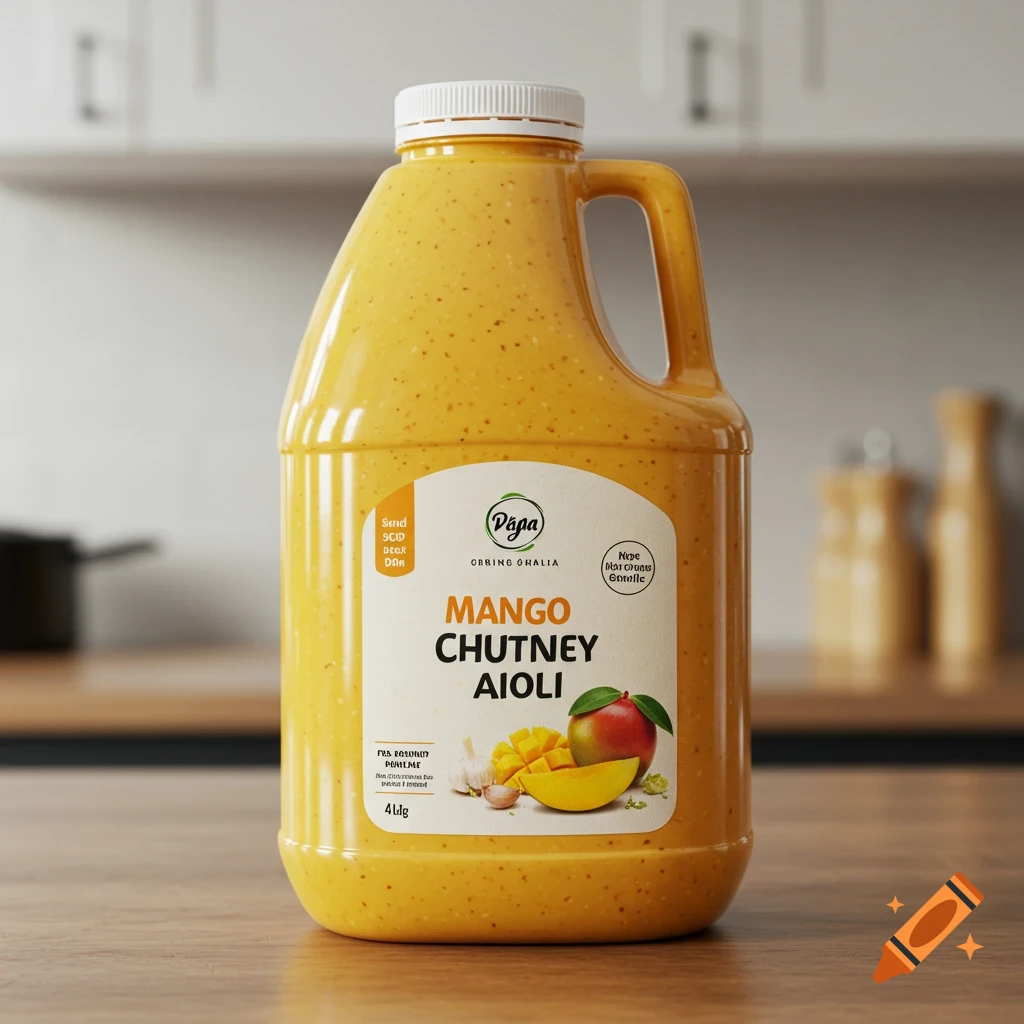 A large 4-liter plastic jug of mango chutney aioli with a label showing ...