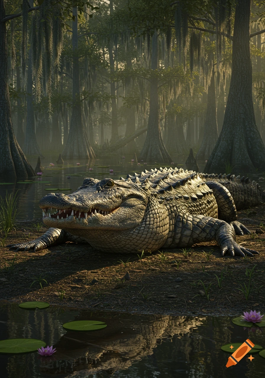 A large, photorealistic alligator rests on a muddy bank in a misty ...